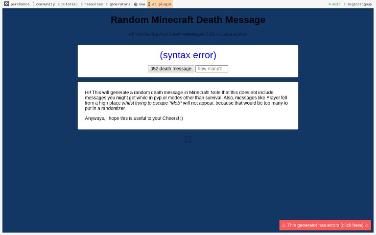 Random Minecraft Death Message ― Perchance Generator