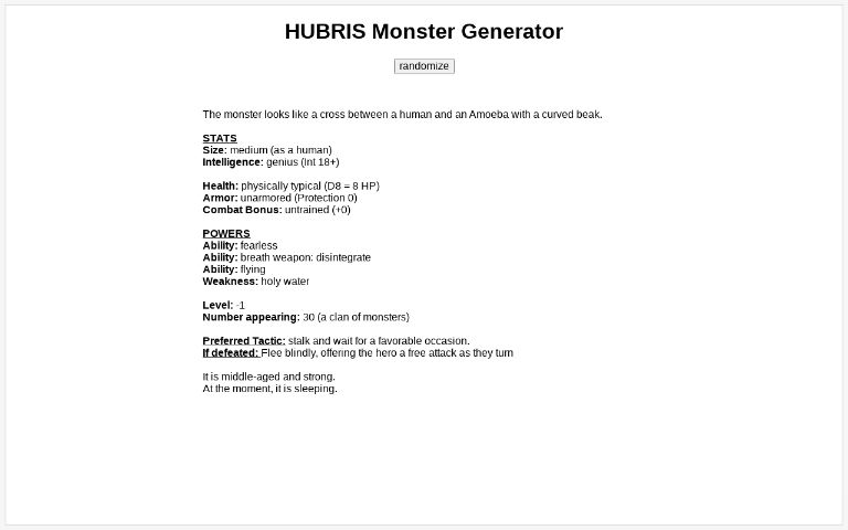HUBRIS Monster Generator