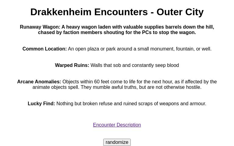 Drakkenheim Encounters - Outer City ― Perchance Generator