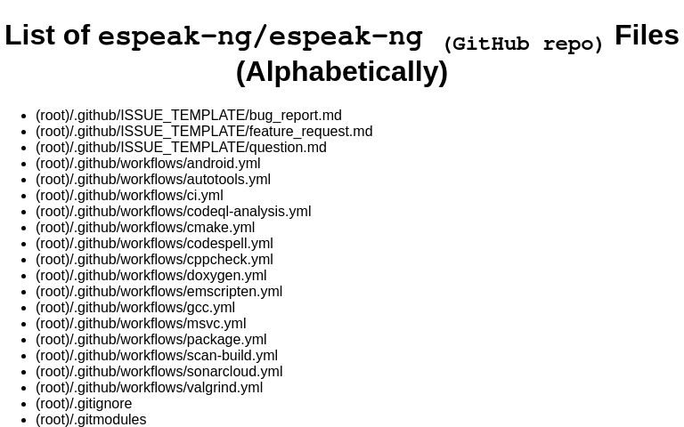 List of espeak-ng/espeak-ng (GitHub repo) Files (Alphabetically) ― Perchance Generator