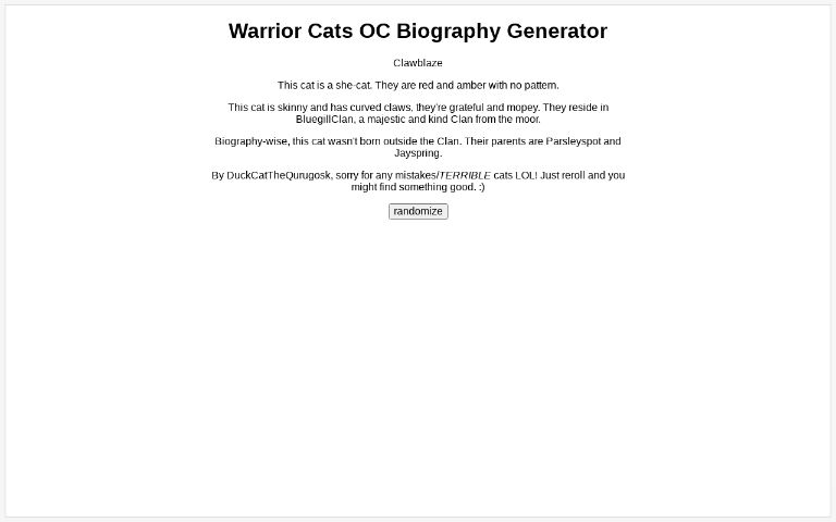 Warrior Cats OC Biography Generator