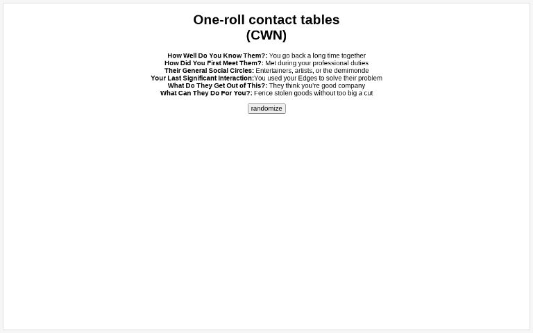 One-roll contact tables (CWN) ― Perchance Generator
