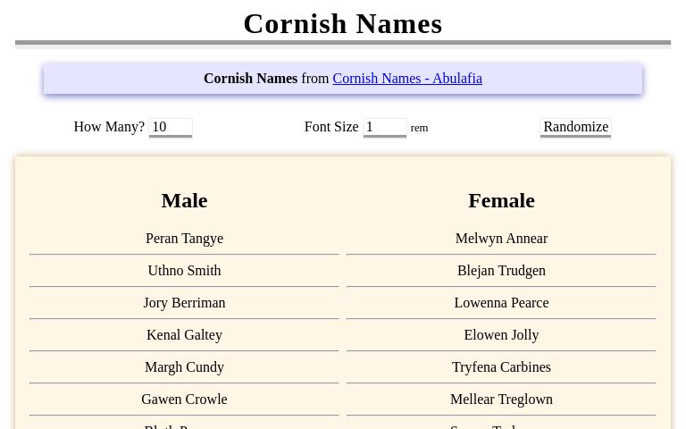 Cornish Names ― Perchance Generator