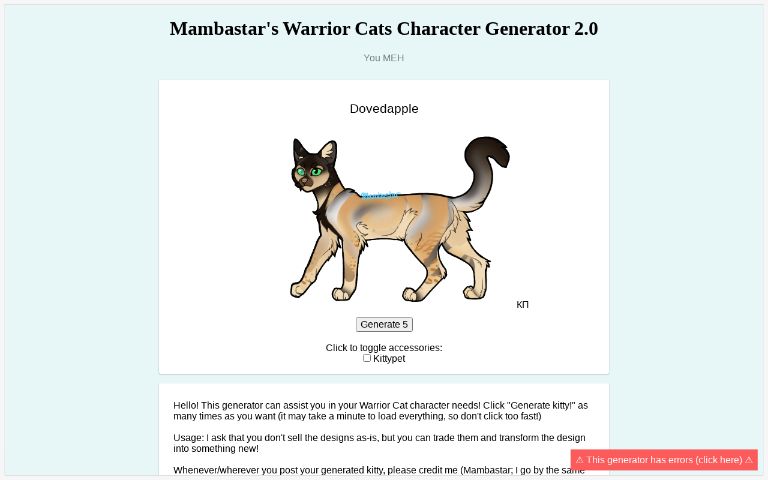 Mambastar's Warrior Cats Character Generator 2.0