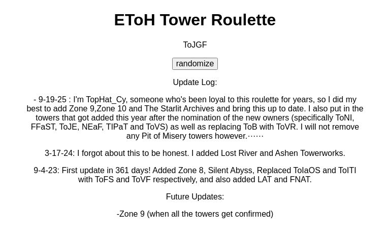 EToH Tower Roulette ― Perchance Generator