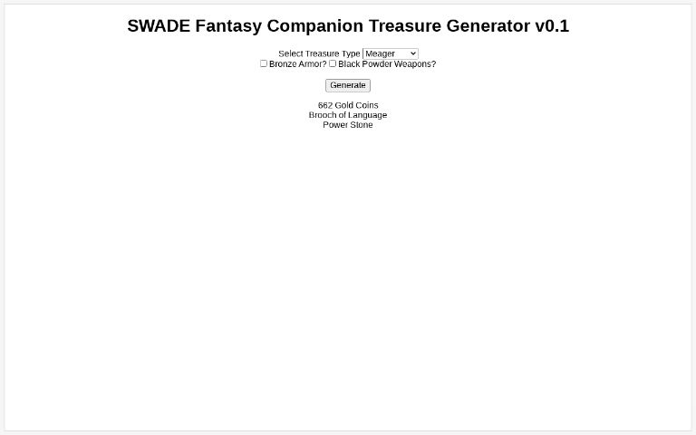 SWADE Fantasy Companion Treasure Generator v0.1