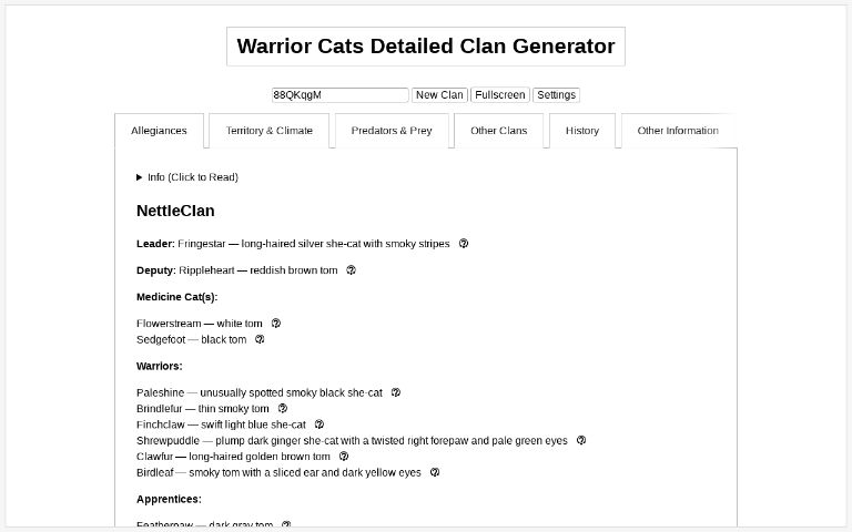 Warrior Cats Detailed Clan Generator