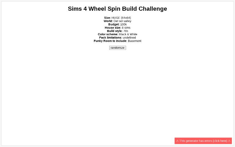 Sims 4 Wheel Spin Build Challenge ― Perchance Generator