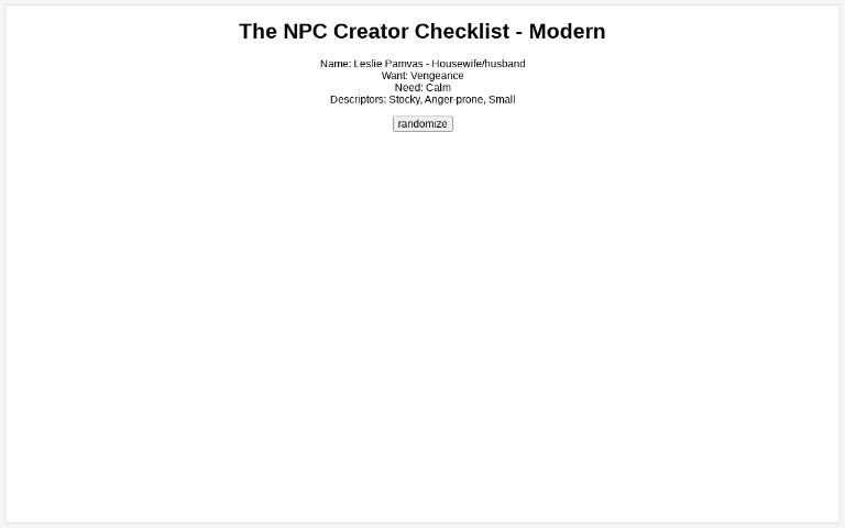 The NPC Creator Checklist - Modern ― Perchance Generator