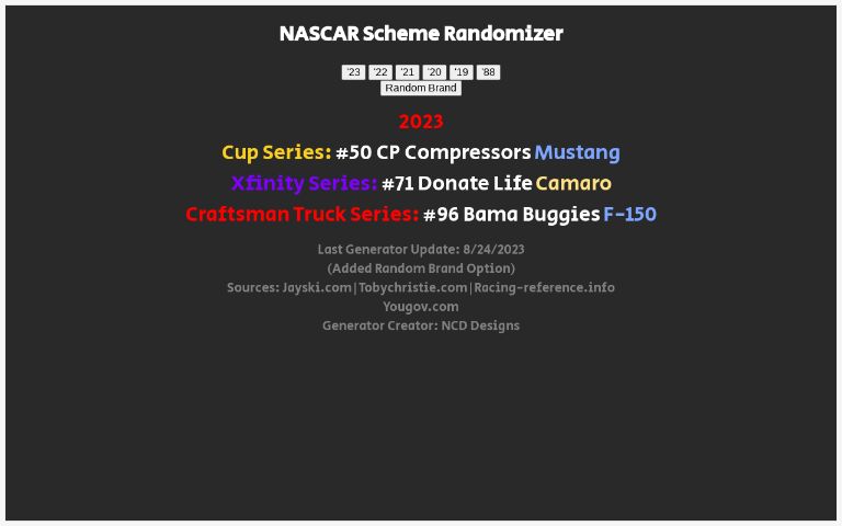NASCAR Scheme Randomizer ― Perchance Generator