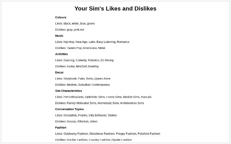 Your Sim's Likes and Dislikes ― Perchance Generator