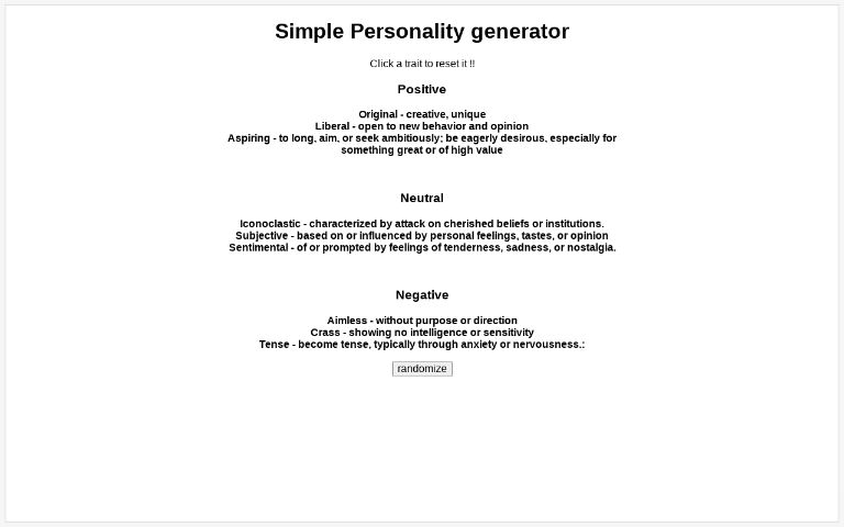 Simple Personality generator
