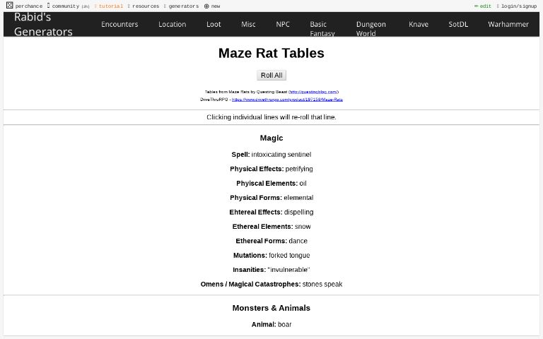 Maze Rat Tables ― Perchance Generator
