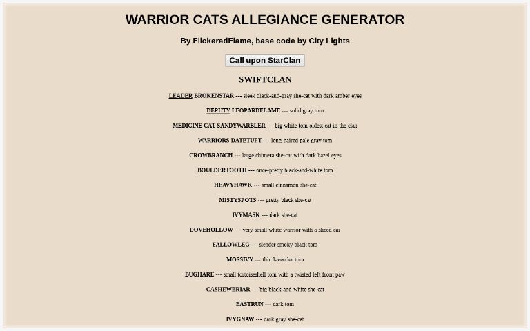 WARRIOR CATS ALLEGIANCE GENERATOR