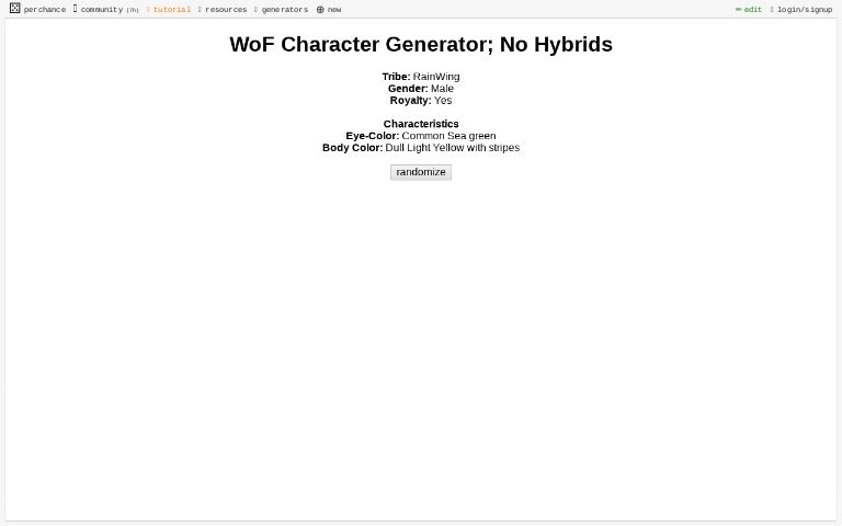 WoF Character Generator; No Hybrids