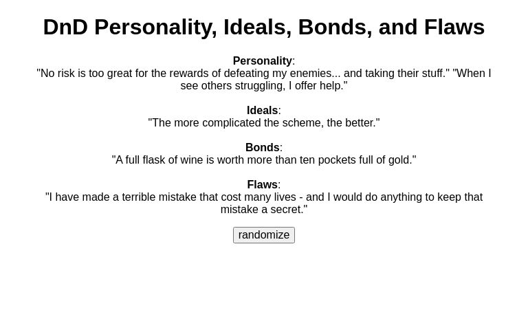 DnD Personality, Ideals, Bonds, and Flaws ― Perchance Generator