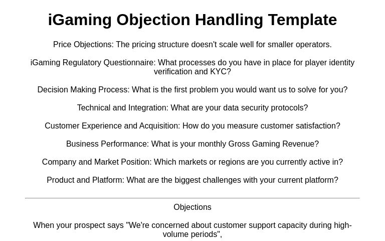 iGaming Objection Handling Template ― Perchance Generator
