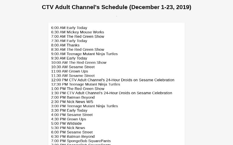 CTV Adult Channel's Schedule (December 1-23, 2019) ― Perchance Generator