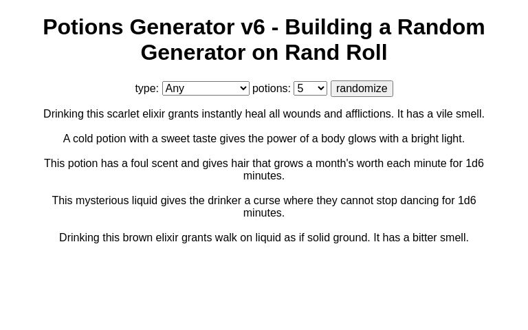 Potions Generator v6 - Building a Random Generator on Rand Roll