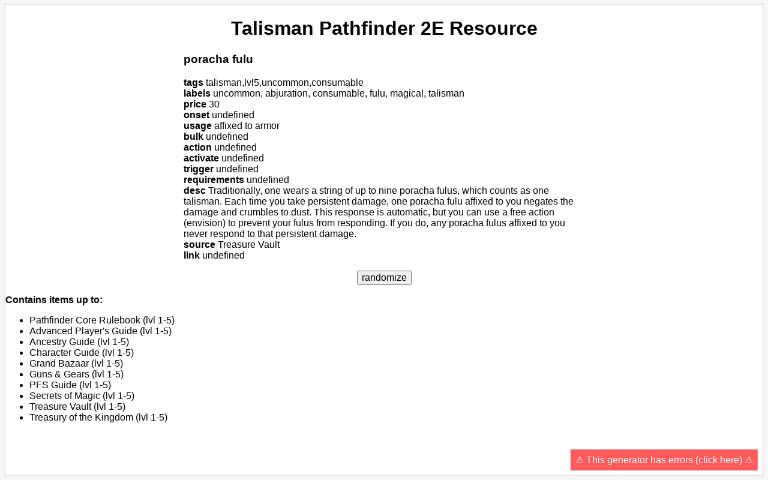 Talisman Pathfinder 2E Resource ― Perchance Generator