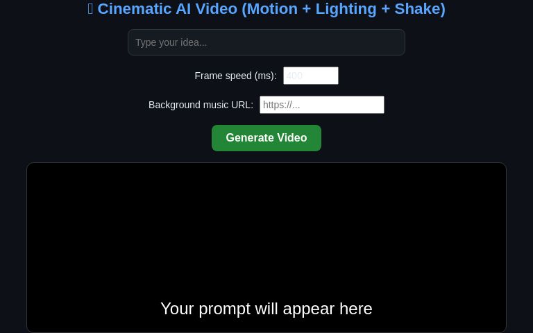 🎬 Cinematic AI Video (Motion + Lighting + Shake) ― Perchance Generator