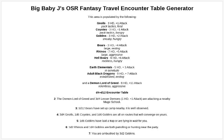Big Baby J's OSR Fantasy Travel Encounter Table Generator