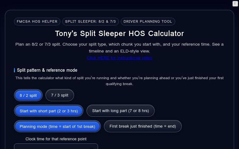 Tony's Split Sleeper HOS Calculator ― Perchance Generator