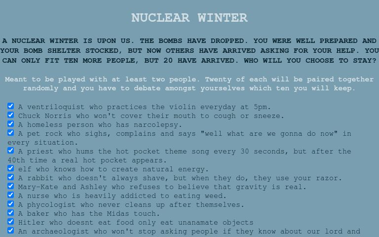 Nuclear Winter ― Perchance Generator