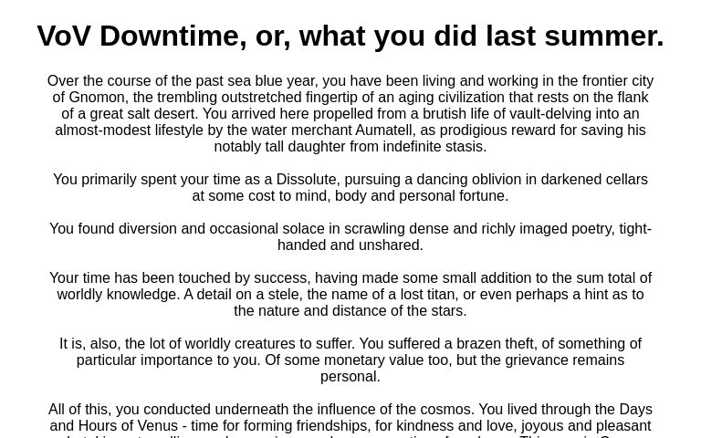 VoV Downtime, or, what you did last summer. ― Perchance Generator