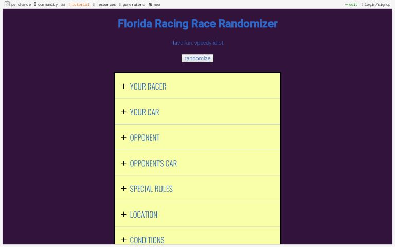 Florida Racing Race Randomizer ― Perchance Generator