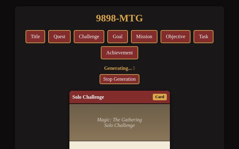 9898 Mtg Solo Challenge ― Perchance Generator