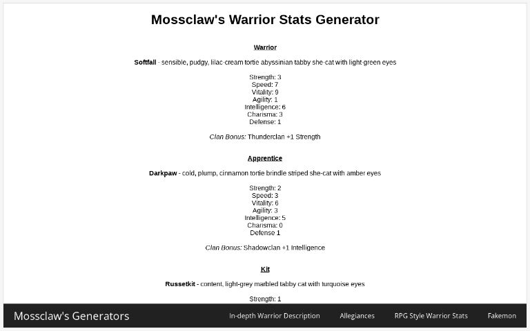 Mossclaw's Warrior Stats Generator