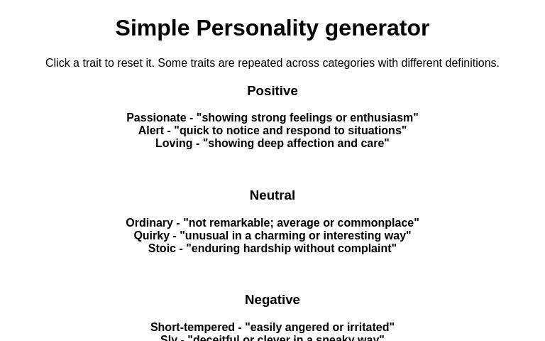 Simple Personality generator