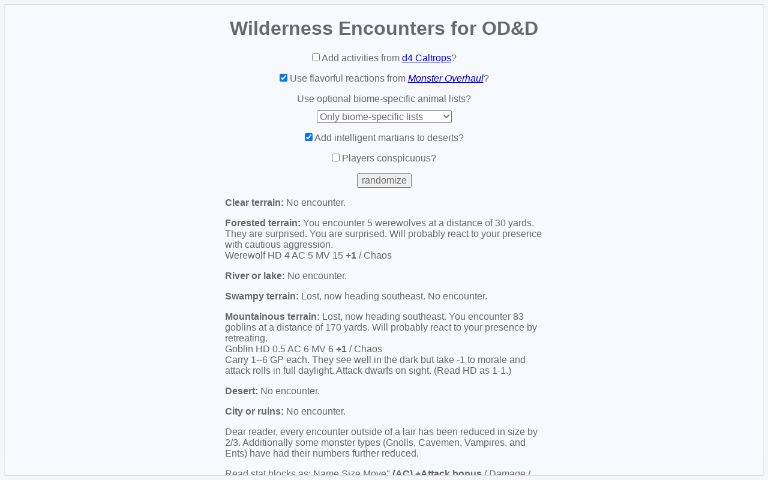 Wilderness Encounters for OD&D ― Perchance Generator