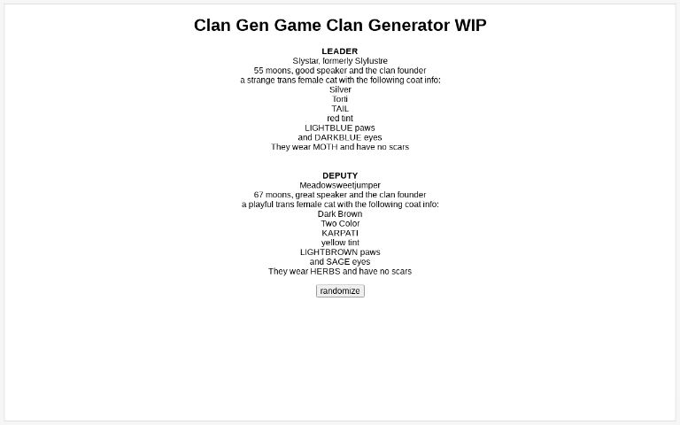 Clan Gen Game Clan Generator WIP