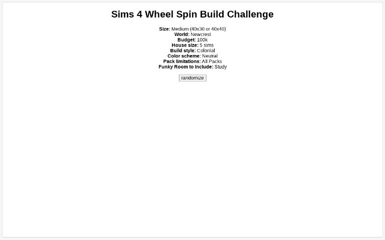 Sims 4 Wheel Spin Build Challenge ― Perchance Generator