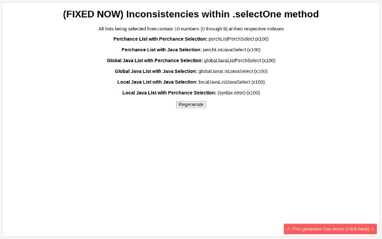 (FIXED NOW) Inconsistencies within .selectOne method ― Perchance Generator