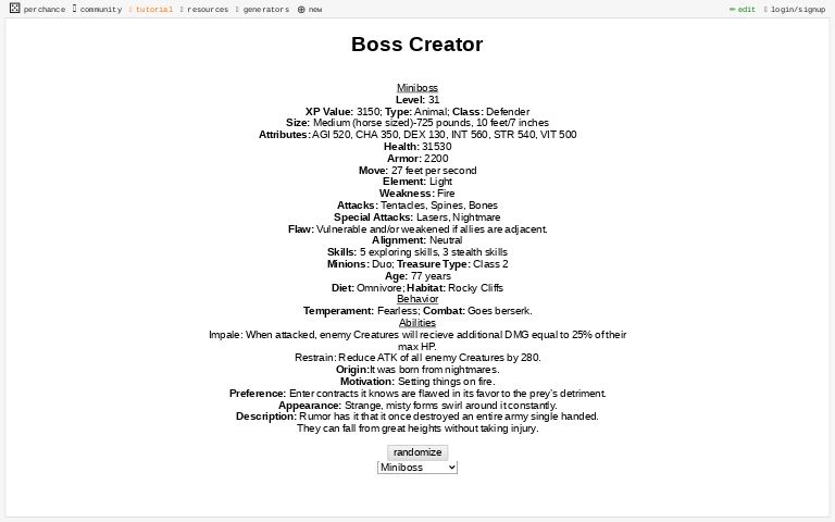 Boss Creator ― Perchance Generator