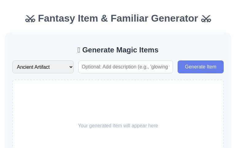 ⚔️ Fantasy Item & Familiar Generator ⚔️