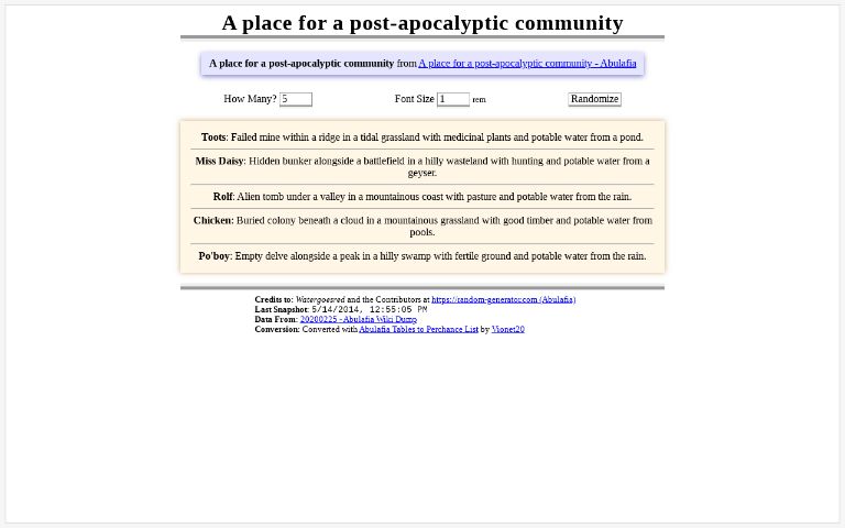 A place for a post-apocalyptic community ― Perchance Generator