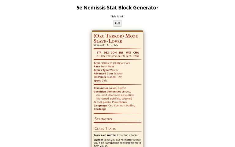 5e Nemissis Stat Block Generator