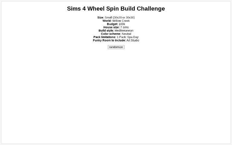 Sims 4 Wheel Spin Build Challenge ― Perchance Generator