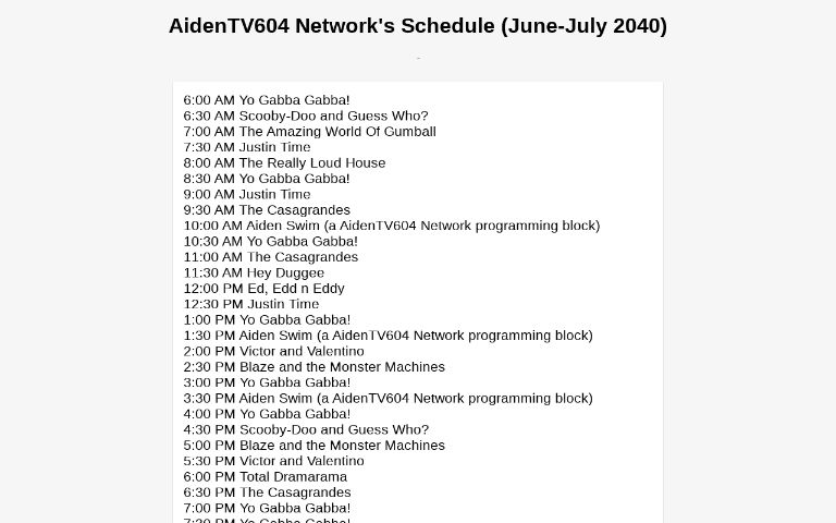 AidenTV604 Network's Schedule (June-July 2040) ― Perchance Generator