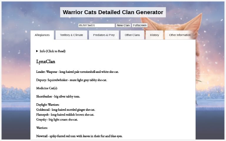 Warrior Cats Detailed Clan Generator