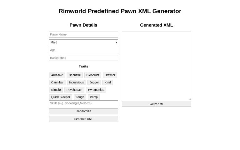 Rimworld Predefined Pawn XML Generator