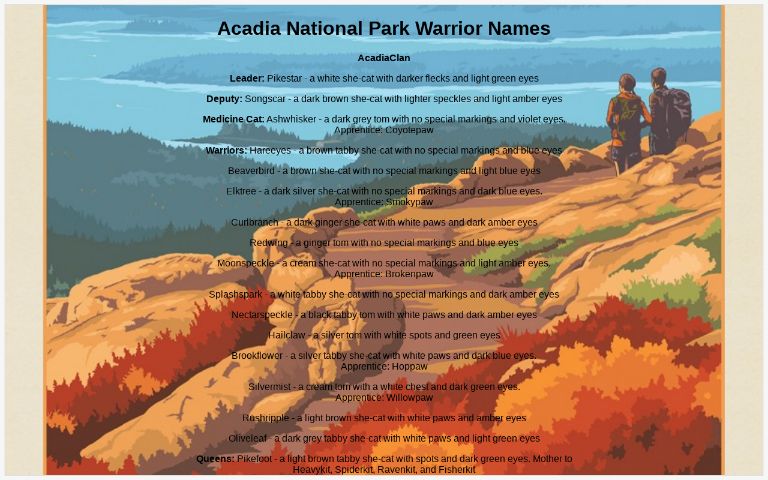 Acadia National Park Warrior Names ― Perchance Generator