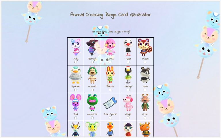 Animal Crossing Bingo Card Generator