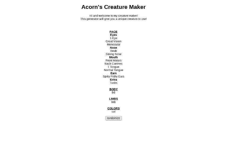 Acorn's Creature Maker ― Perchance Generator