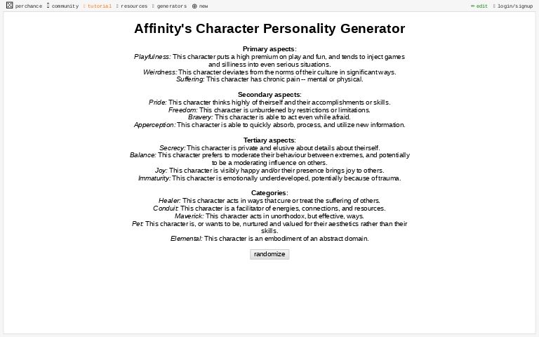 Affinity's Character Personality Generator