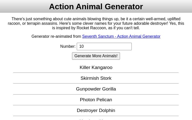 Action Animal Generator - Re-animated from Seventh Sanctum